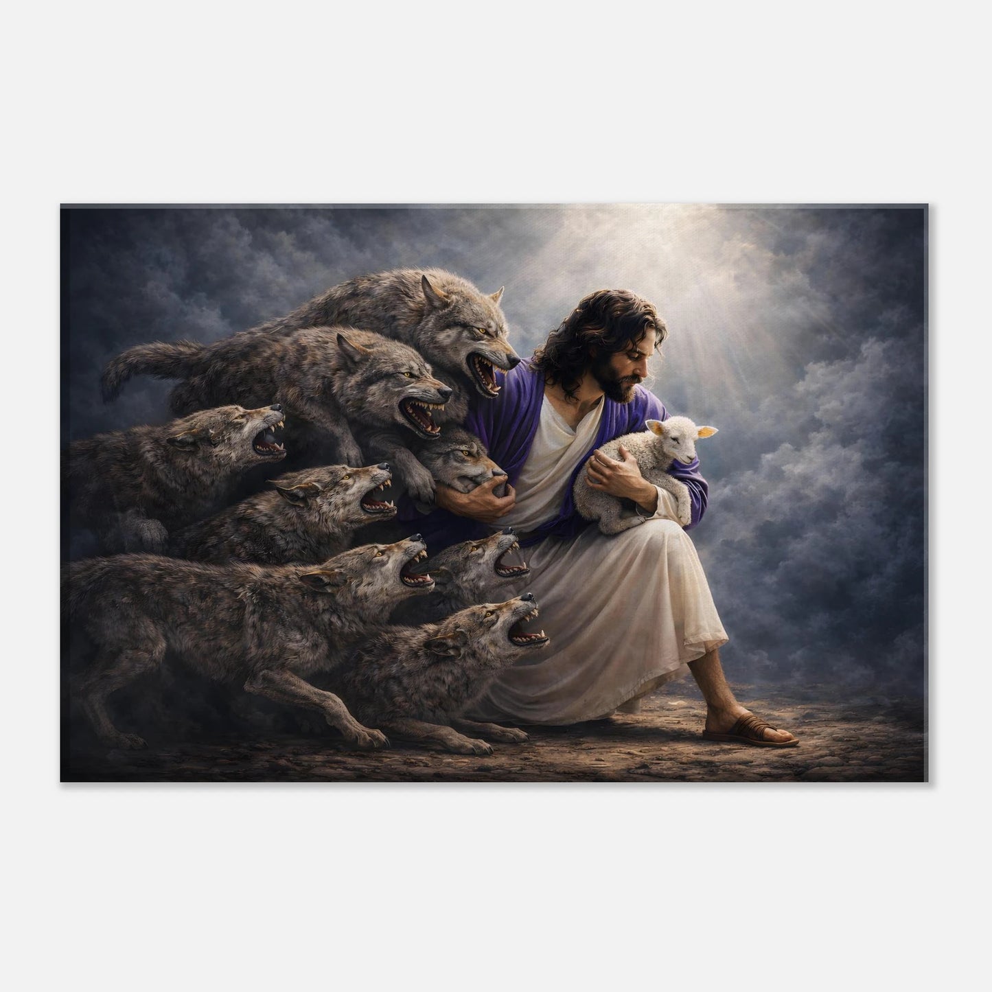 JÉSUS PROTÉGEANT L’AGNEAU DES LOUPS – TOILE CINÉMATIQUE – Farmhouse Peace